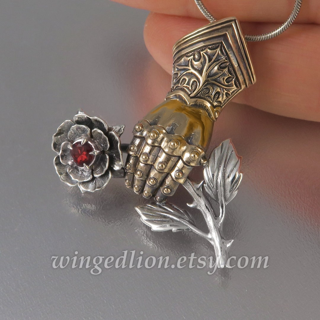 Armor Gauntlet Pendant, CHIVALRY Medieval Rose Silver and Bronze Garnet ...