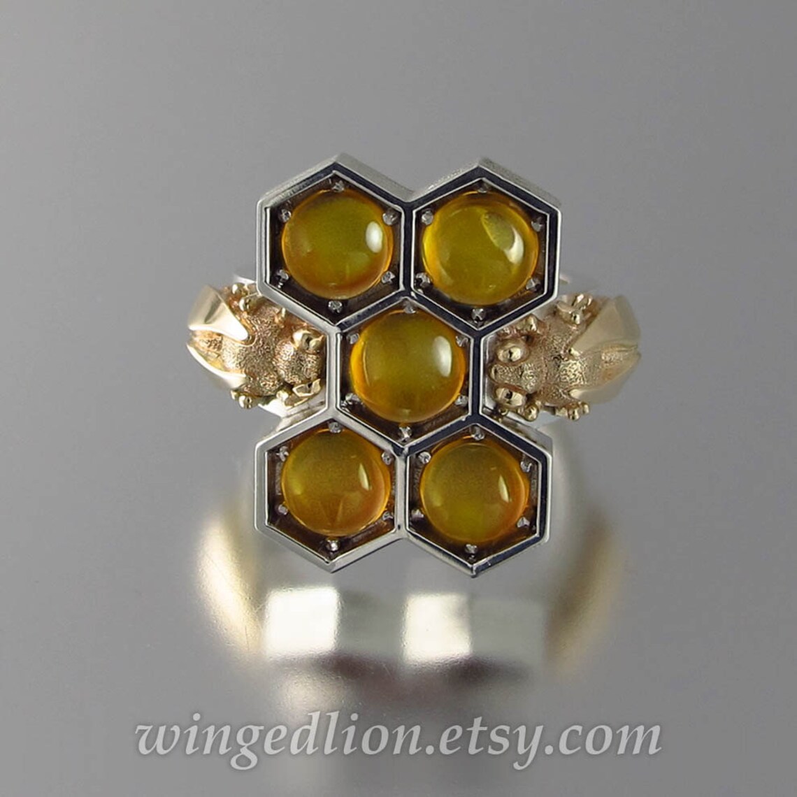 HONEY BEES Silver and 14k Gold Cocktail Ring, Amber Cluster Ring - Etsy