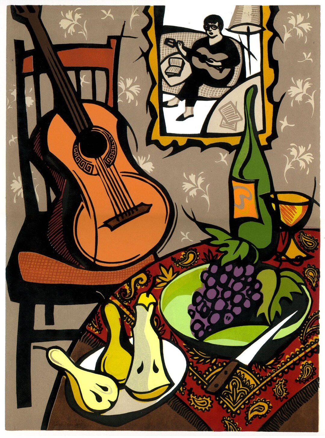 ROOM WITH A GUITAR Linocut - Etsy