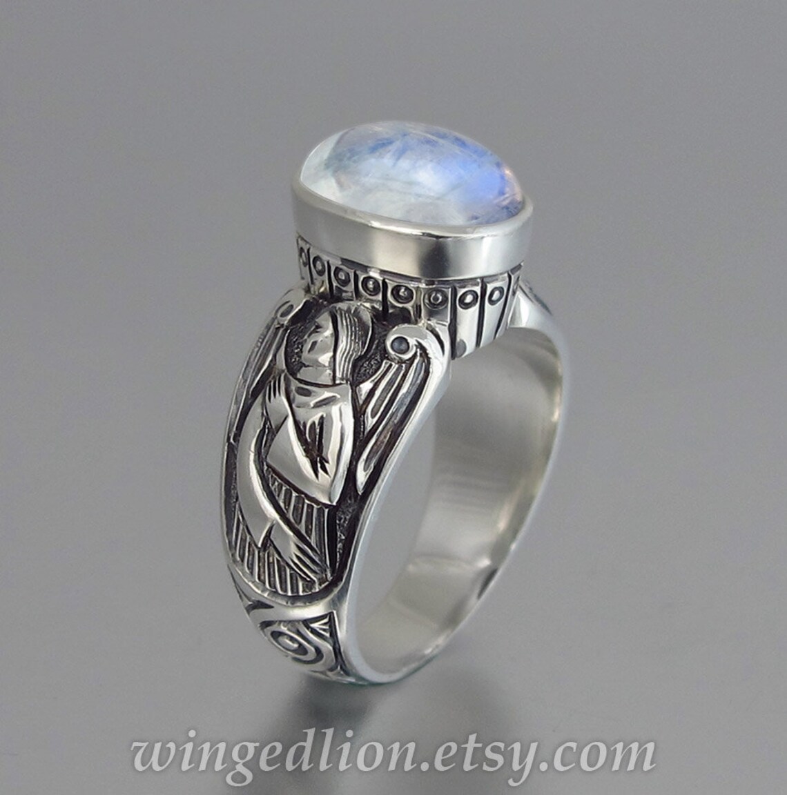 GUARDIAN ANGELS silver ring with Moonstone cabochon sizes 5 | Etsy