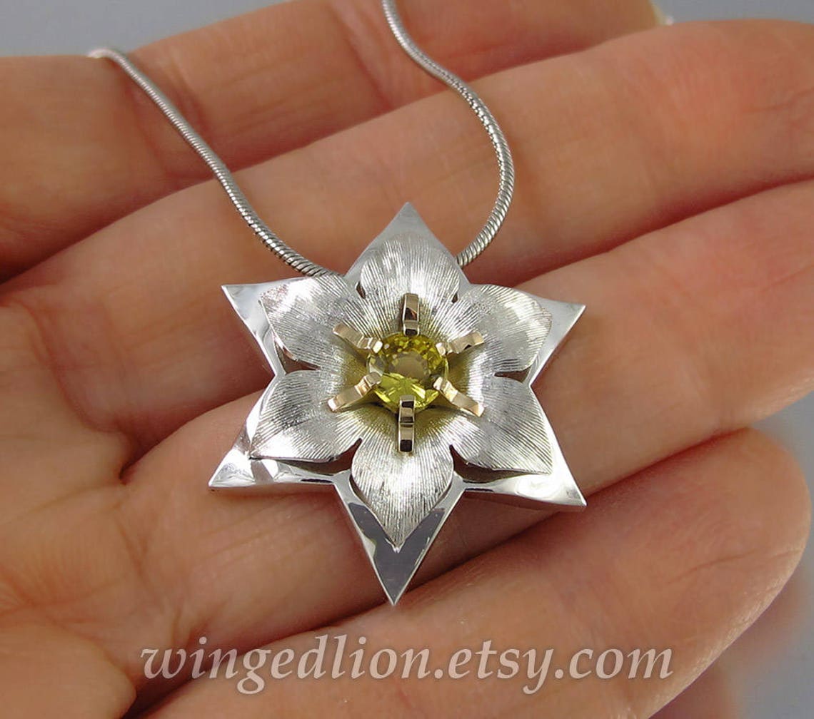 STAR OF DAVID 14k Gold & Silver Daffodil Pendant With Golden Beryl ...