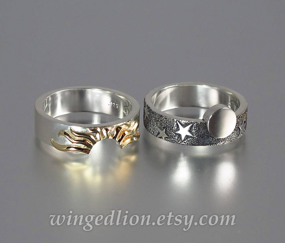 Sun and Moon Ring Set, Sterling Silver and 14k Gold, Celestial Wedding ...