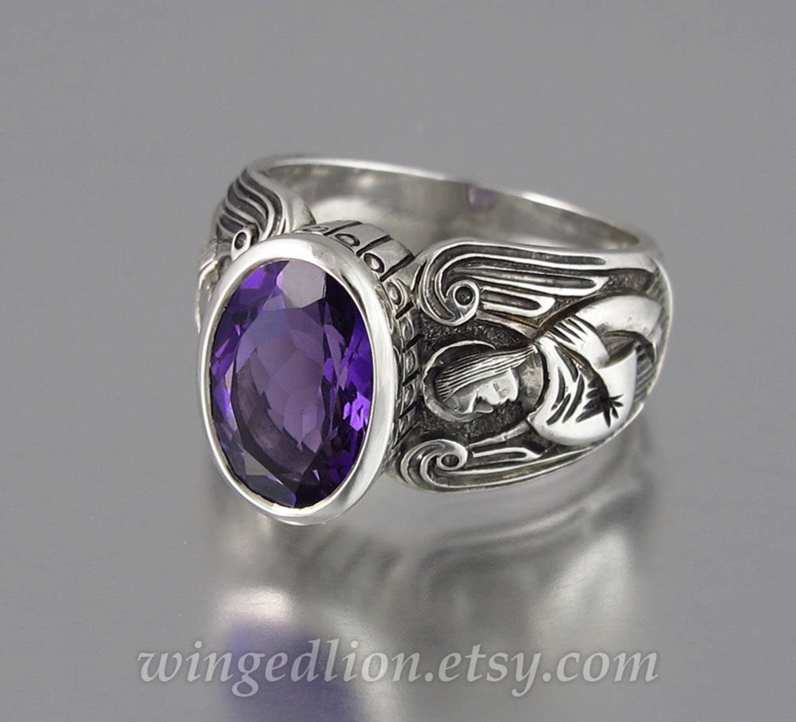 GUARDIAN ANGELS Mens Silver Ring With Amethyst sizes 8 to 14 | Etsy