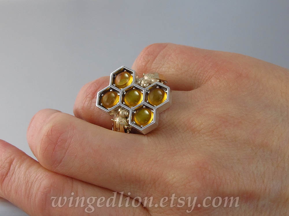 HONEY BEES Silver and 14k Gold Cocktail Ring, Amber Cluster Ring - Etsy