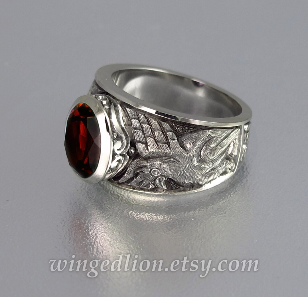 GRIFFIN Silver Ring With Garnet Gothic Medieval Unisex Gryffon Ring - Etsy