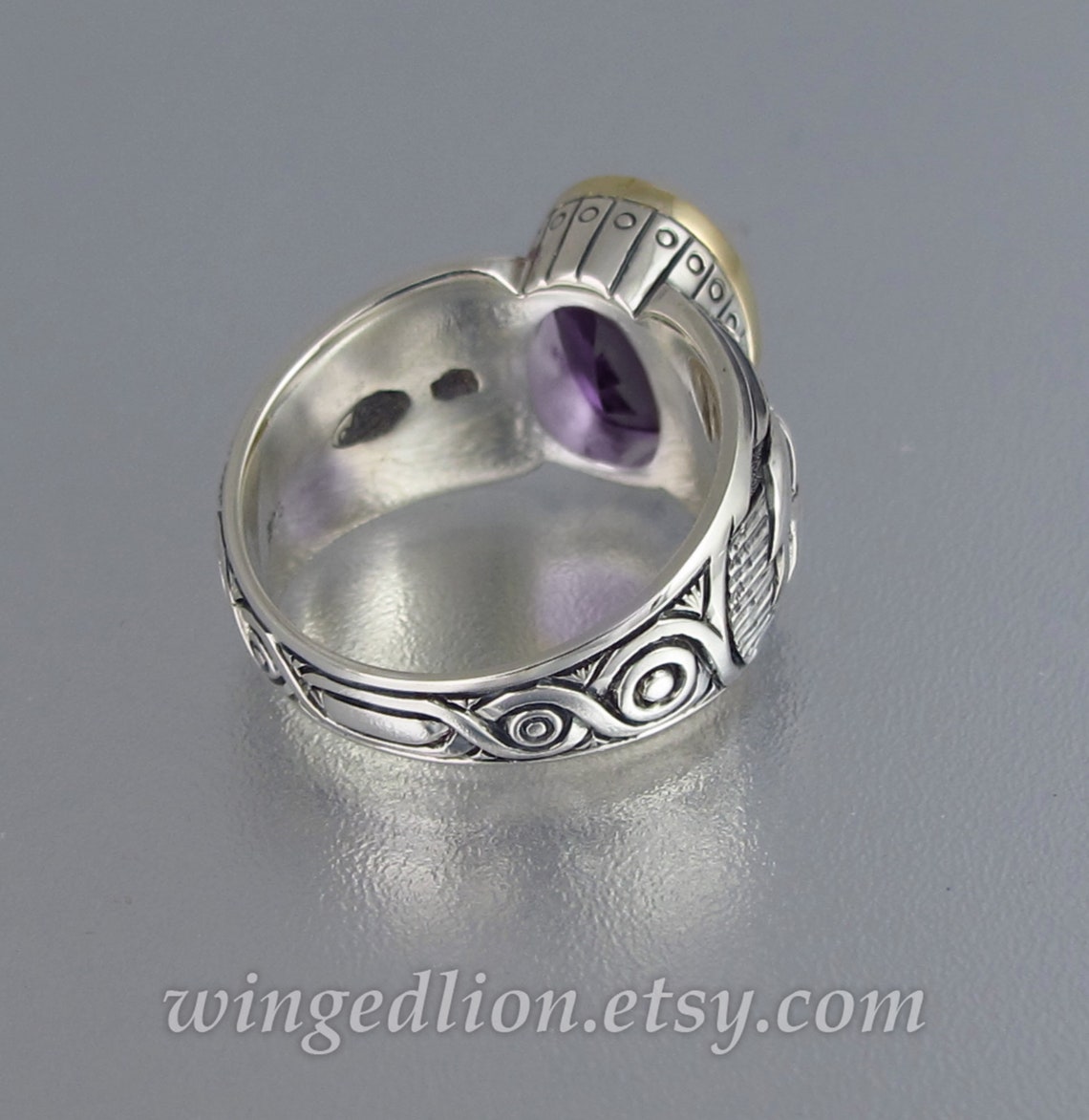 GUARDIAN ANGELS Silver 14K Gold Mens Unisex Ring With Amethyst | Etsy