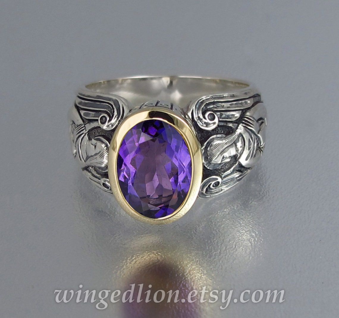 GUARDIAN ANGELS Silver 14K Gold Mens Unisex Ring With Amethyst | Etsy
