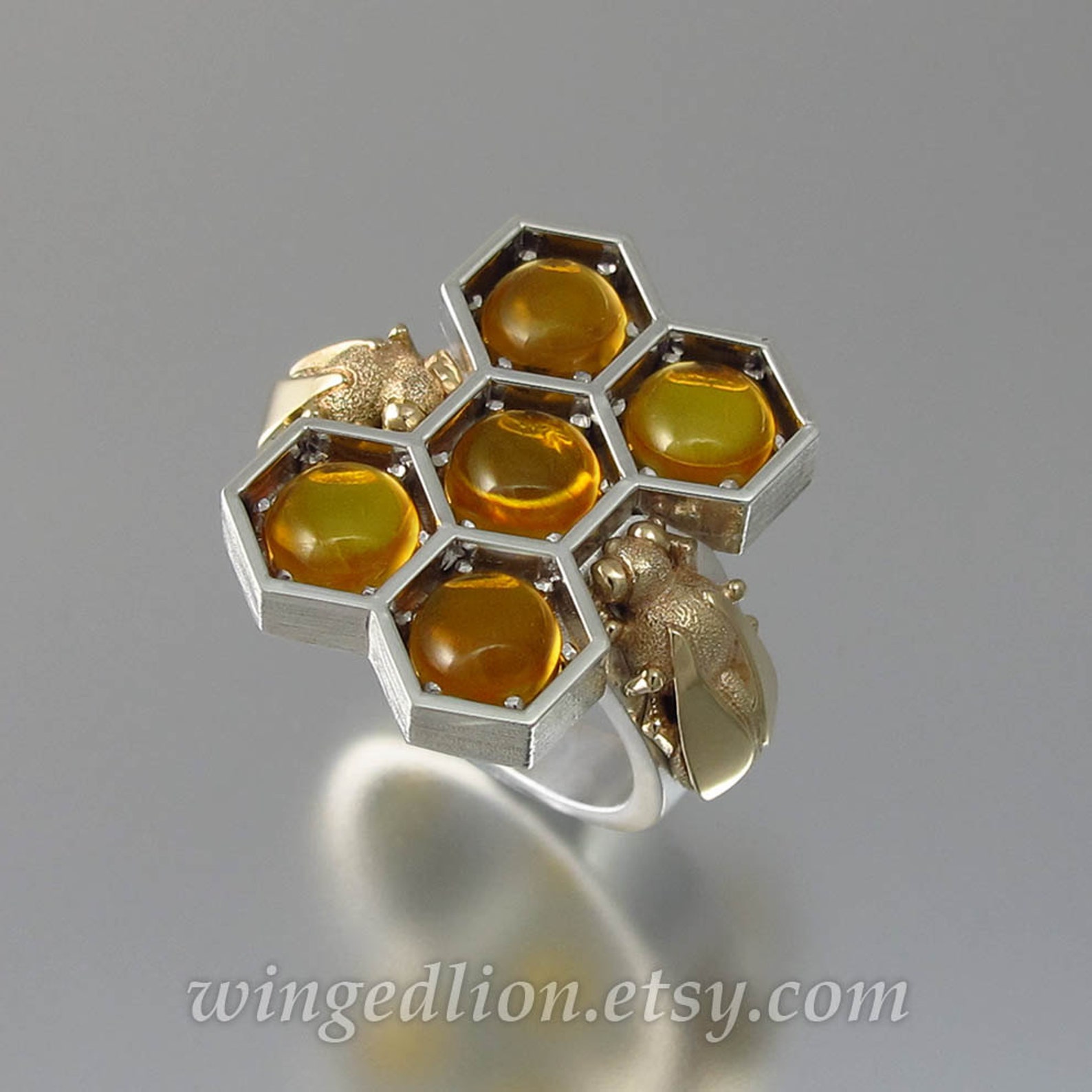 HONEY BEES Silver and 14k Gold Cocktail Ring, Amber Cluster Ring - Etsy