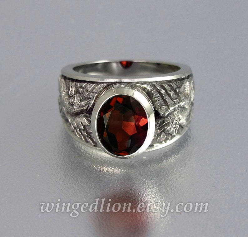 GRIFFIN Silver Ring With Garnet Gothic Medieval Unisex Gryffon - Etsy