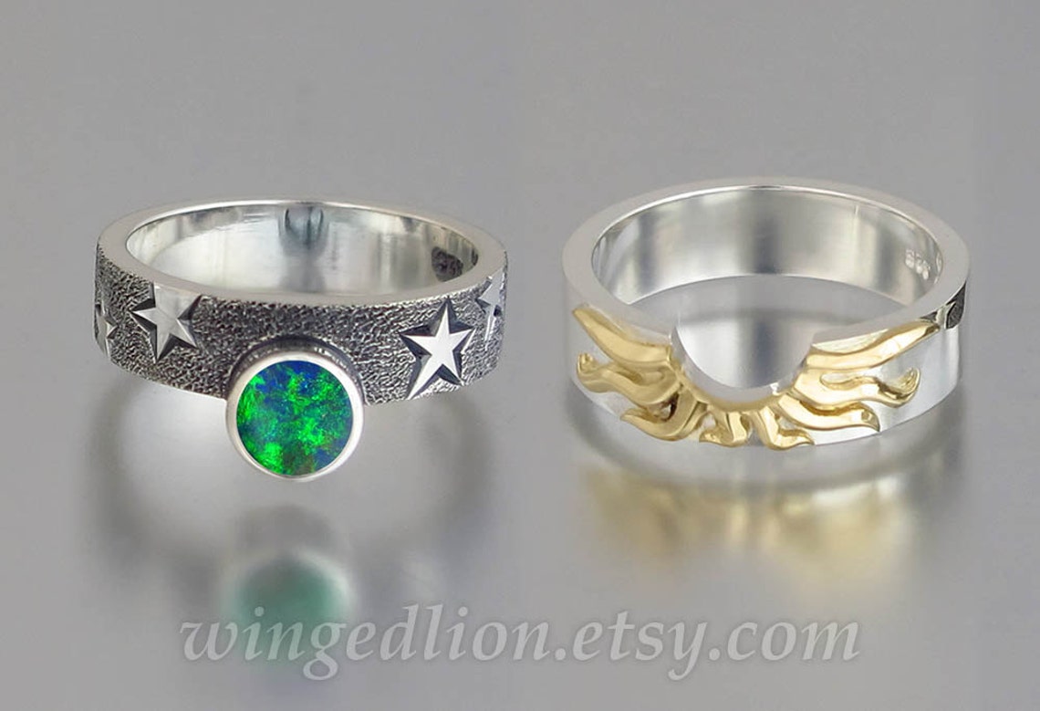 SOLAR ECLIPSE Sun and Moon Engagement Ring Set With Blue Green | Etsy