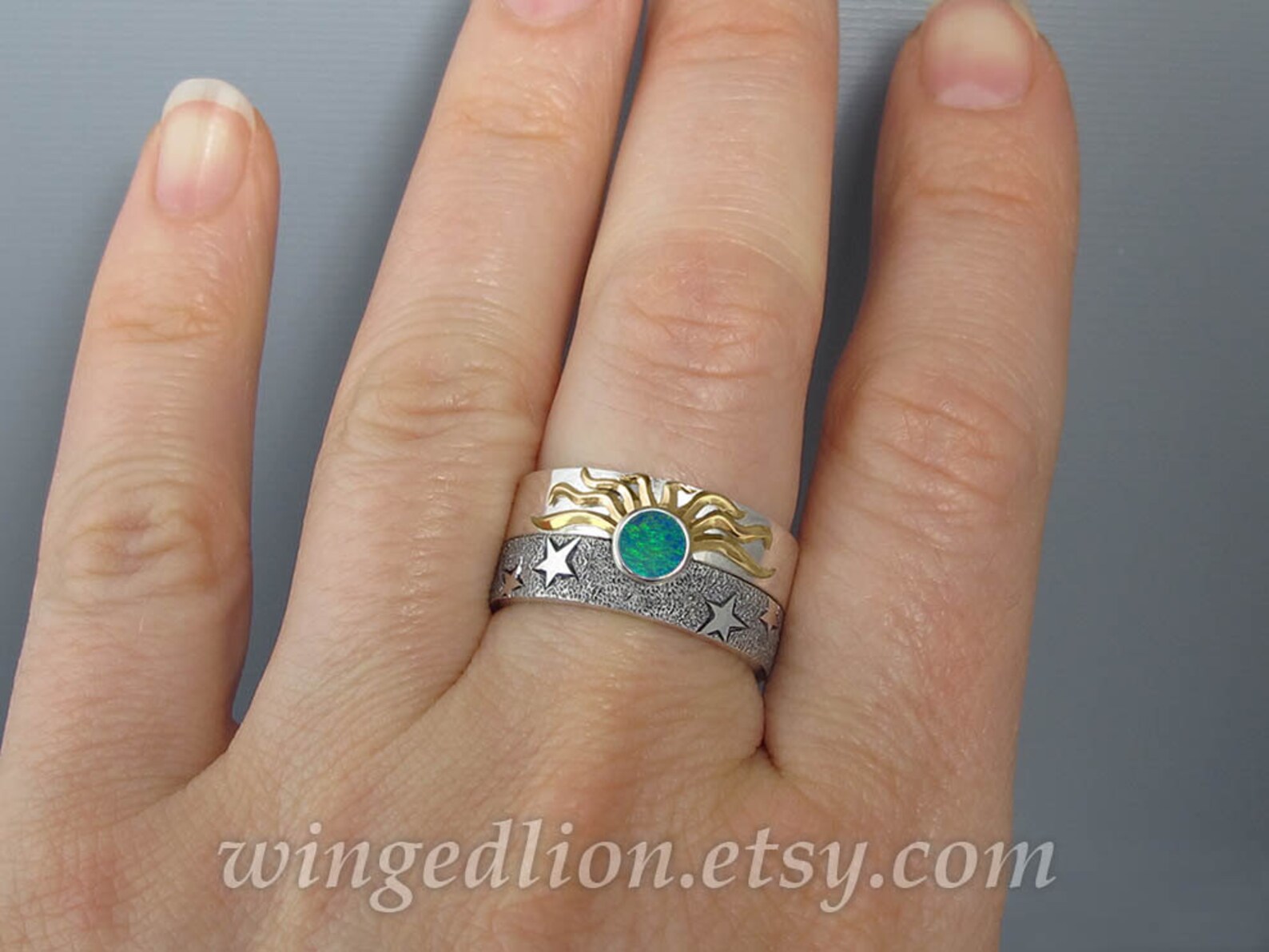 SOLAR ECLIPSE Sun and Moon Engagement Ring Set With Blue Green | Etsy