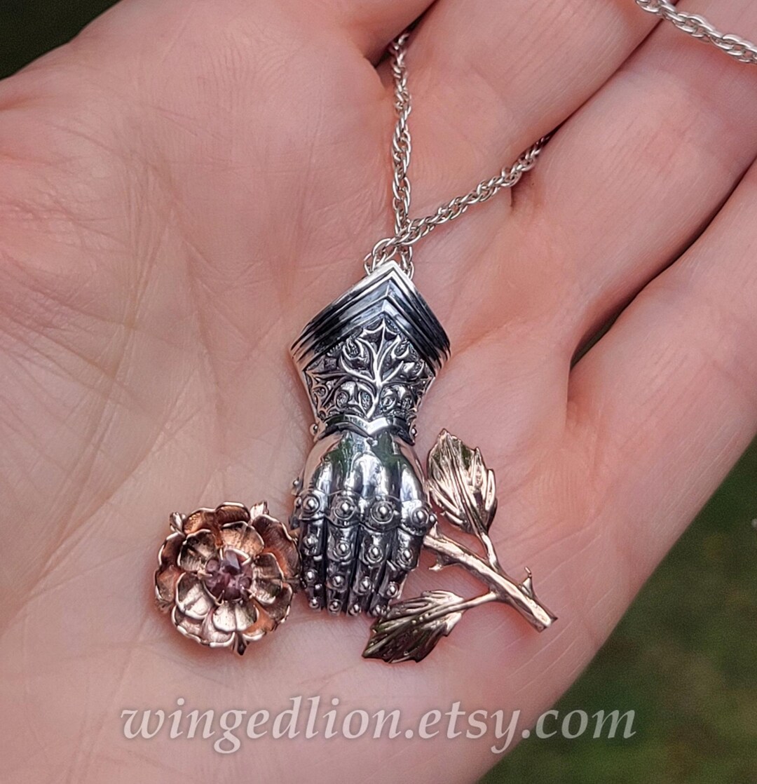 Armor Gauntlet Pendant, CHIVALRY Pendant, Medieval Rose Silver and 14k ...