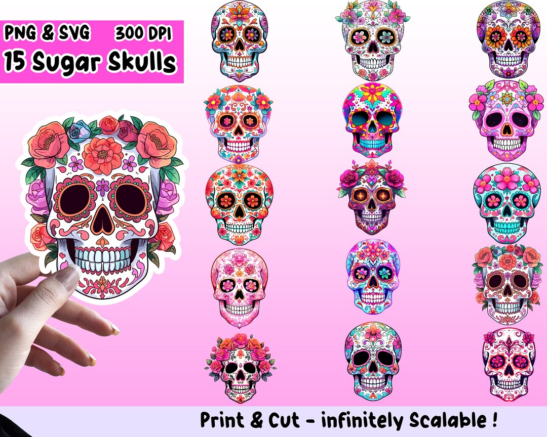 Sugar Skulls Sticker PNG Pack, Sugar Skulls Sticker Set, Sugar Skulls ...
