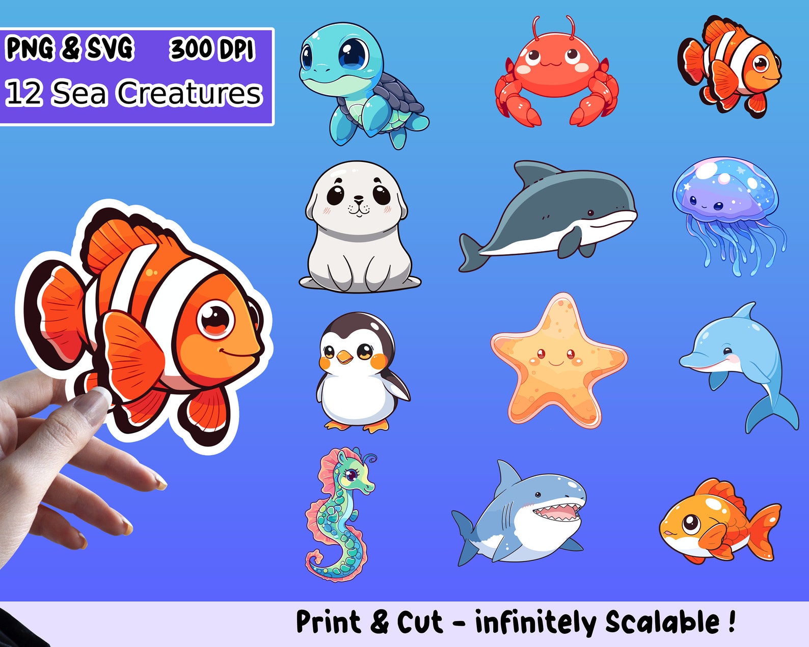 Sea Creatures Sticker PNG Pack, Sea Creatures Sticker Set, Sea ...