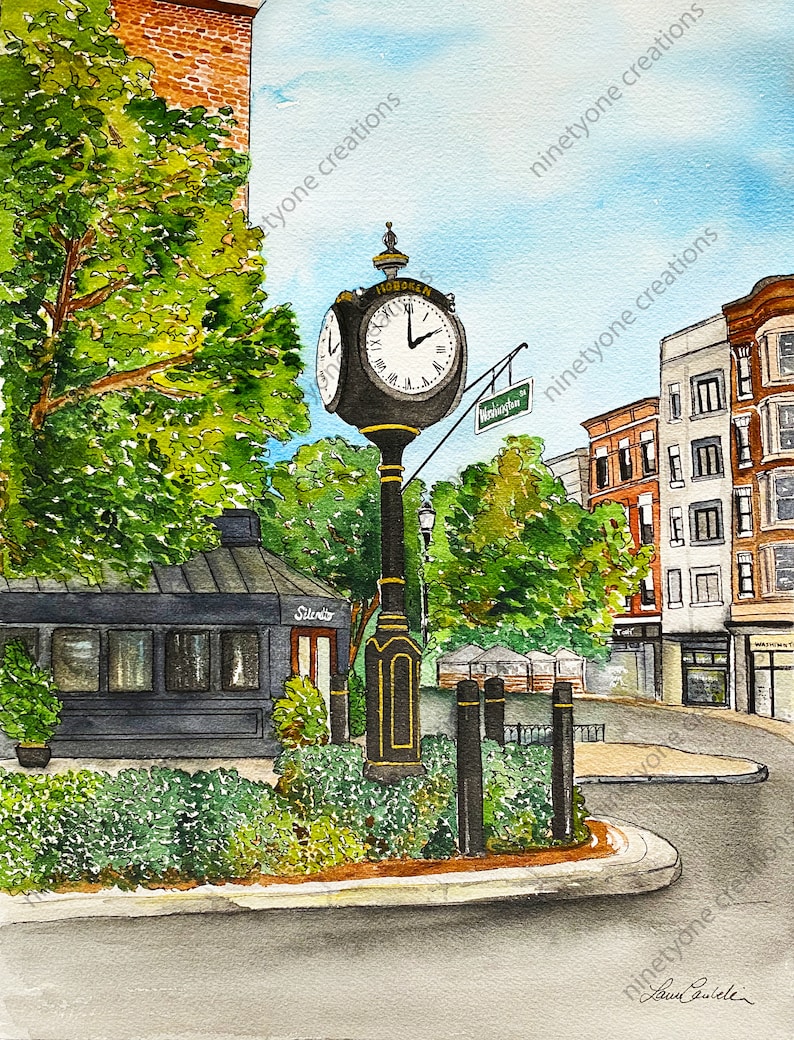 Hoboken, NJ Clock Watercolor - Etsy