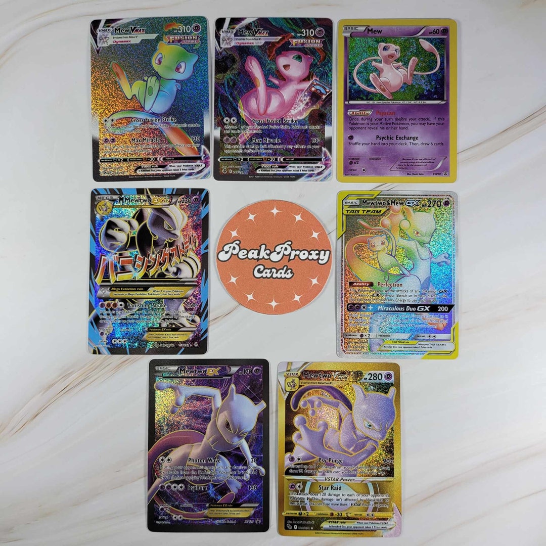 7 Cards Bundle Mews, Mewtwo Ex, Mew Vmax Alternative Art PROXY Fusion ...