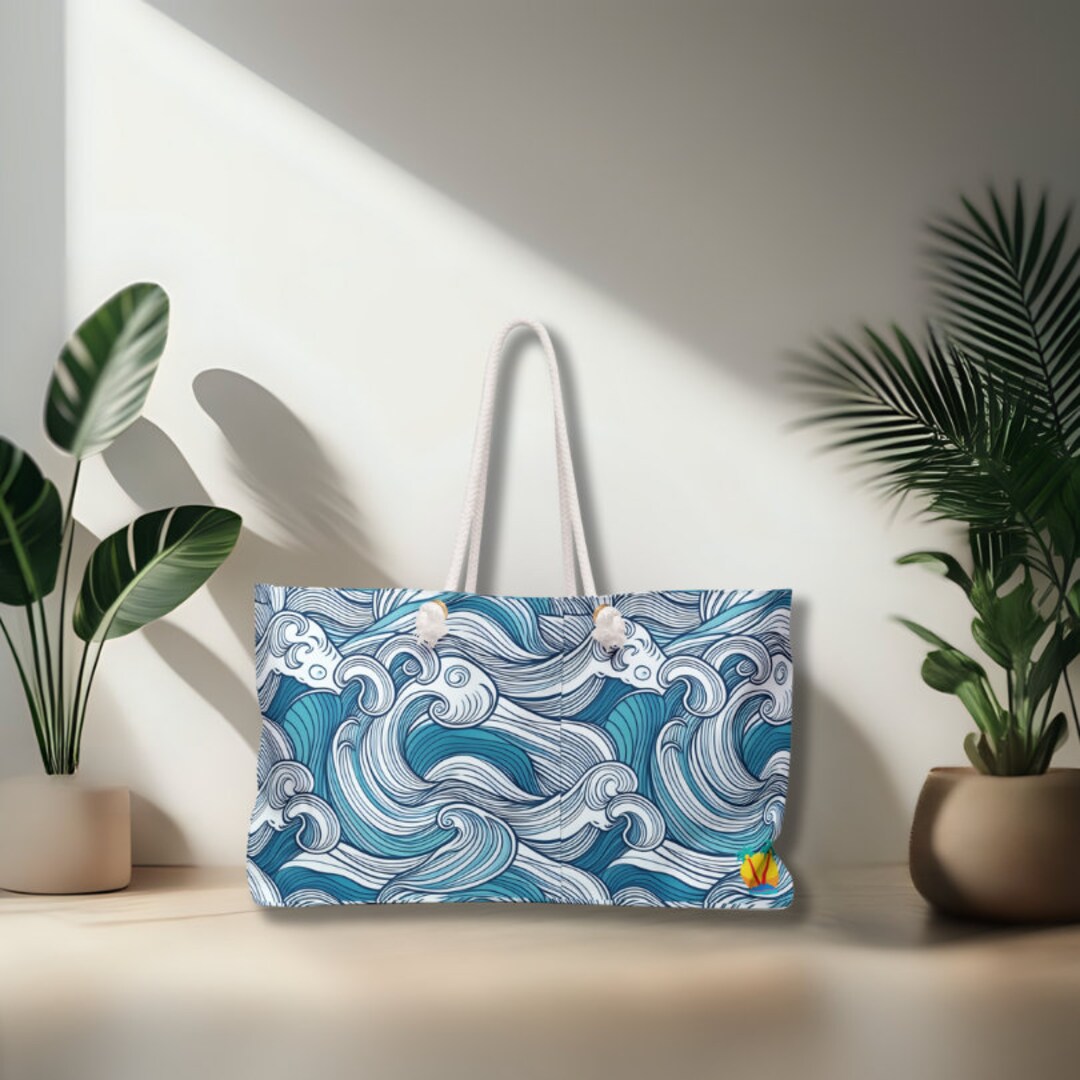 Beach Getaway Tote Bag Cute Wave Pattern / Blue Wave Pattern Overnight ...