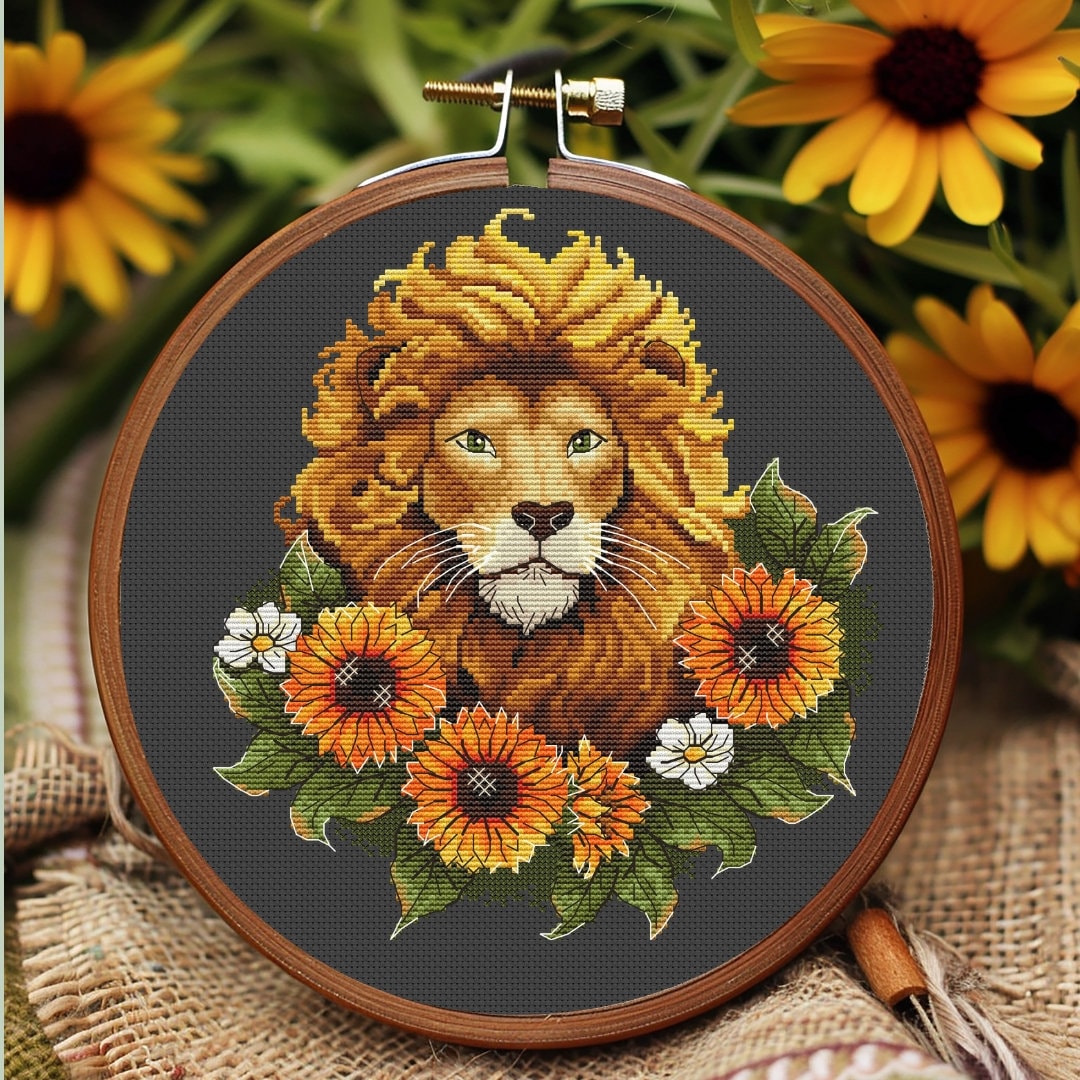 Lion With Sunflowers Cross Stitch Pattern, Zodiac Cross Stitch, PDF ...