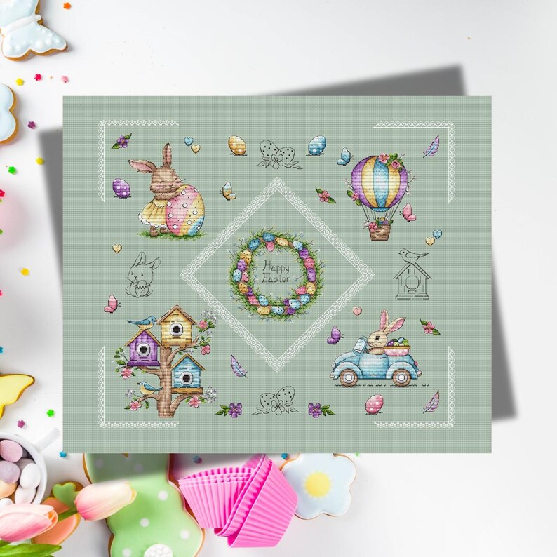 Easter Sampler Cross Stitch Pattern, Bunny, Car, Birdhouse (PDF ...