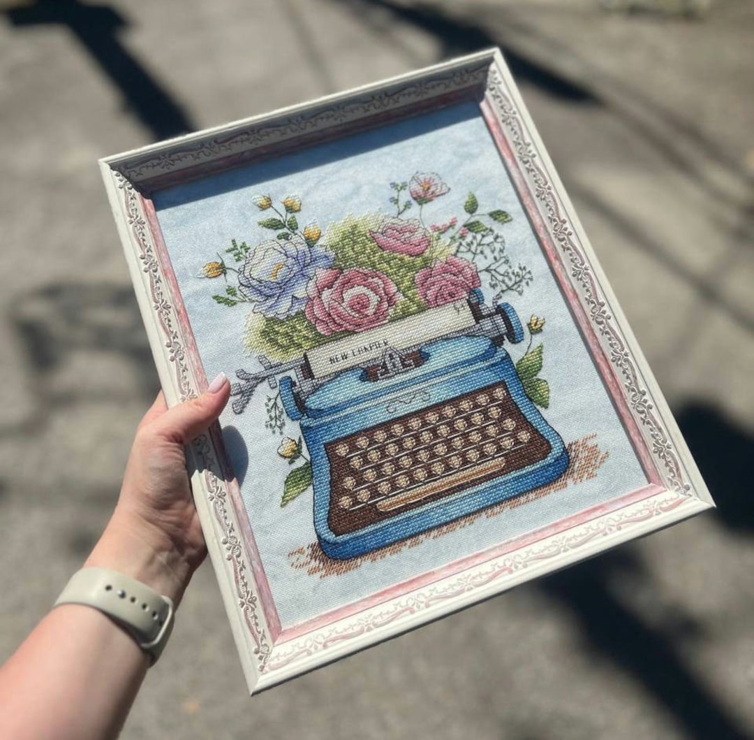 Floral Typewriter Cross Stitch Pattern: Vintage Flowers Embroidery (PDF ...