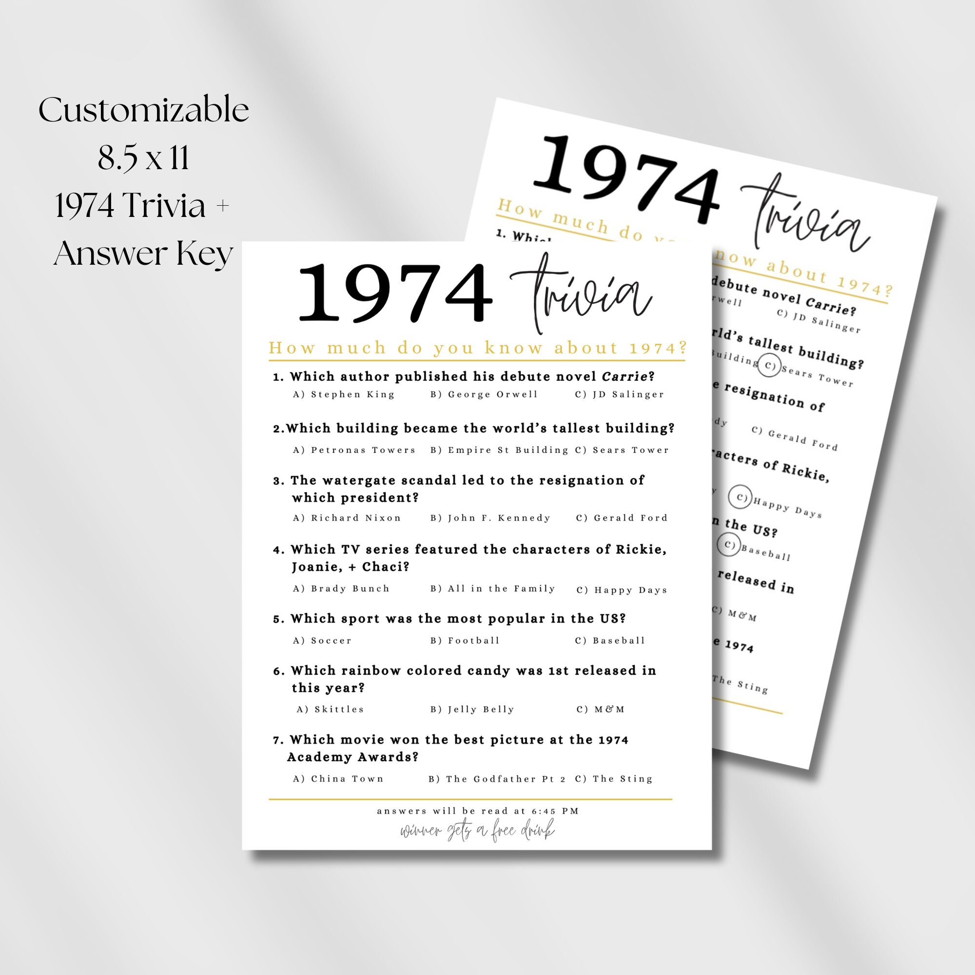 Surprise 50th Birthday Party Invitation, 1974 Trivia This or That Game ...