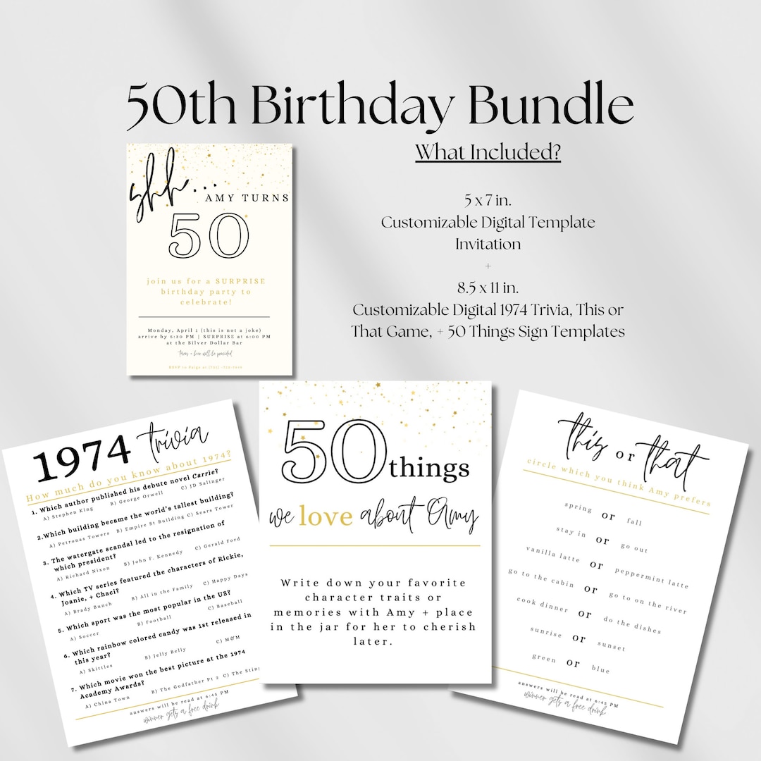 Surprise 50th Birthday Party Invitation, 1974 Trivia + This or That ...