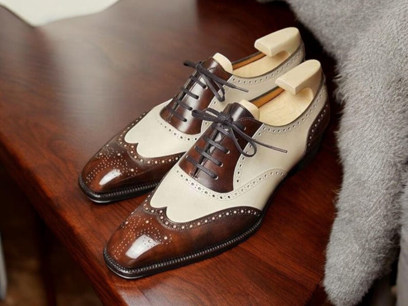 Brogue Style New Fashion Men's Handmade Two Tone Brown & off White ...