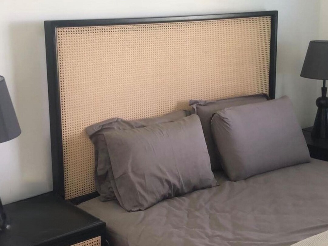 Japanese Style Rattan & Wooden Bed Headboard I Black Color Solid Wood ...