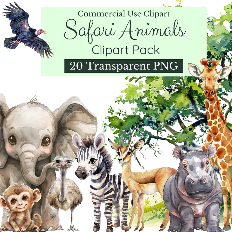 Watercolor Safari Animal Clipart Commercial Use Clipart Cute Animal ...