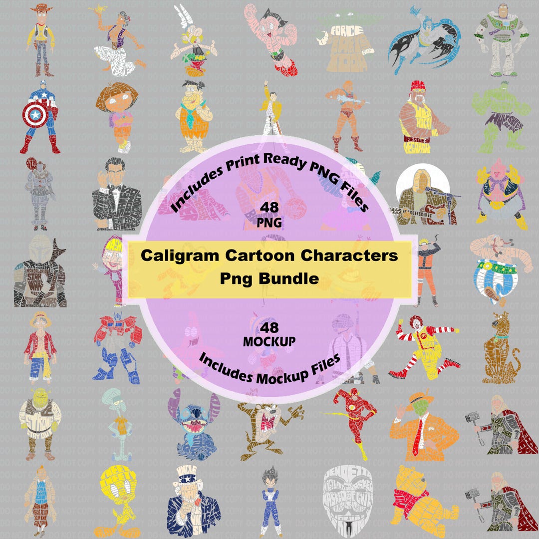 Caligram Cartoon Characters Png Bundle, DTF Png, Sublimation Bundles ...