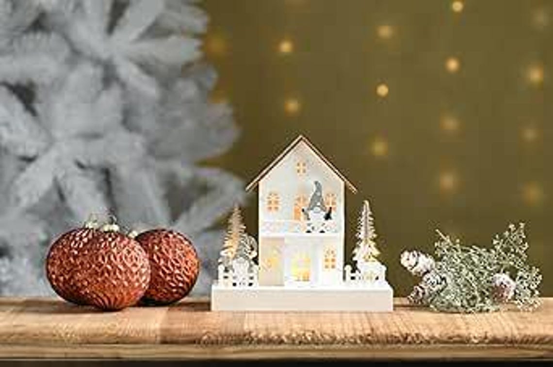 Christmas LED Light up Wooden Gonk House 18cm Long Trees & Reindeer ...
