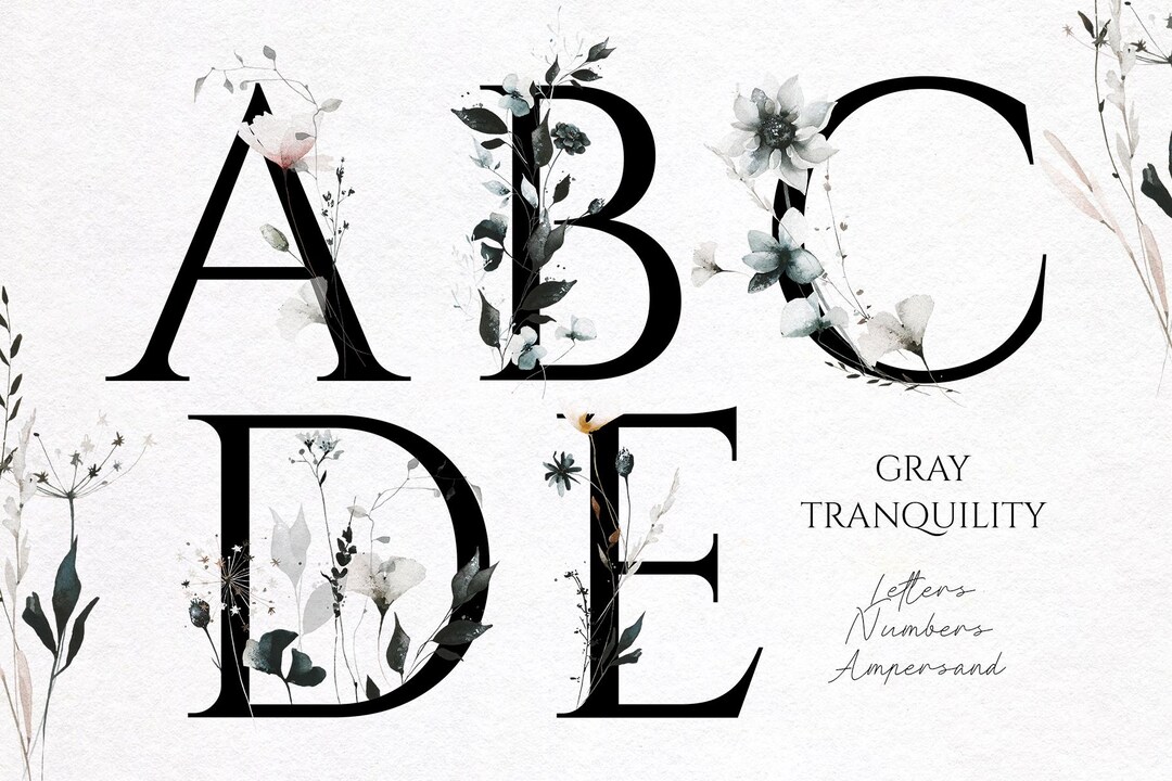 Watercolor Floral Alphabet Clipart. Gray Herbal 26 Letters, 10 Numbers ...