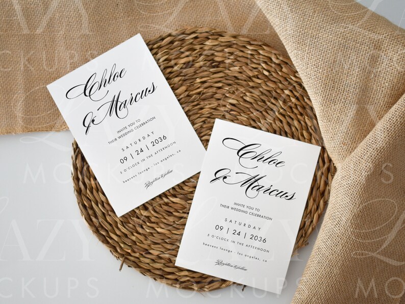 Two 5x7 Paper Invitations Pages Laying on Rustic Circle Mockup - Two ...