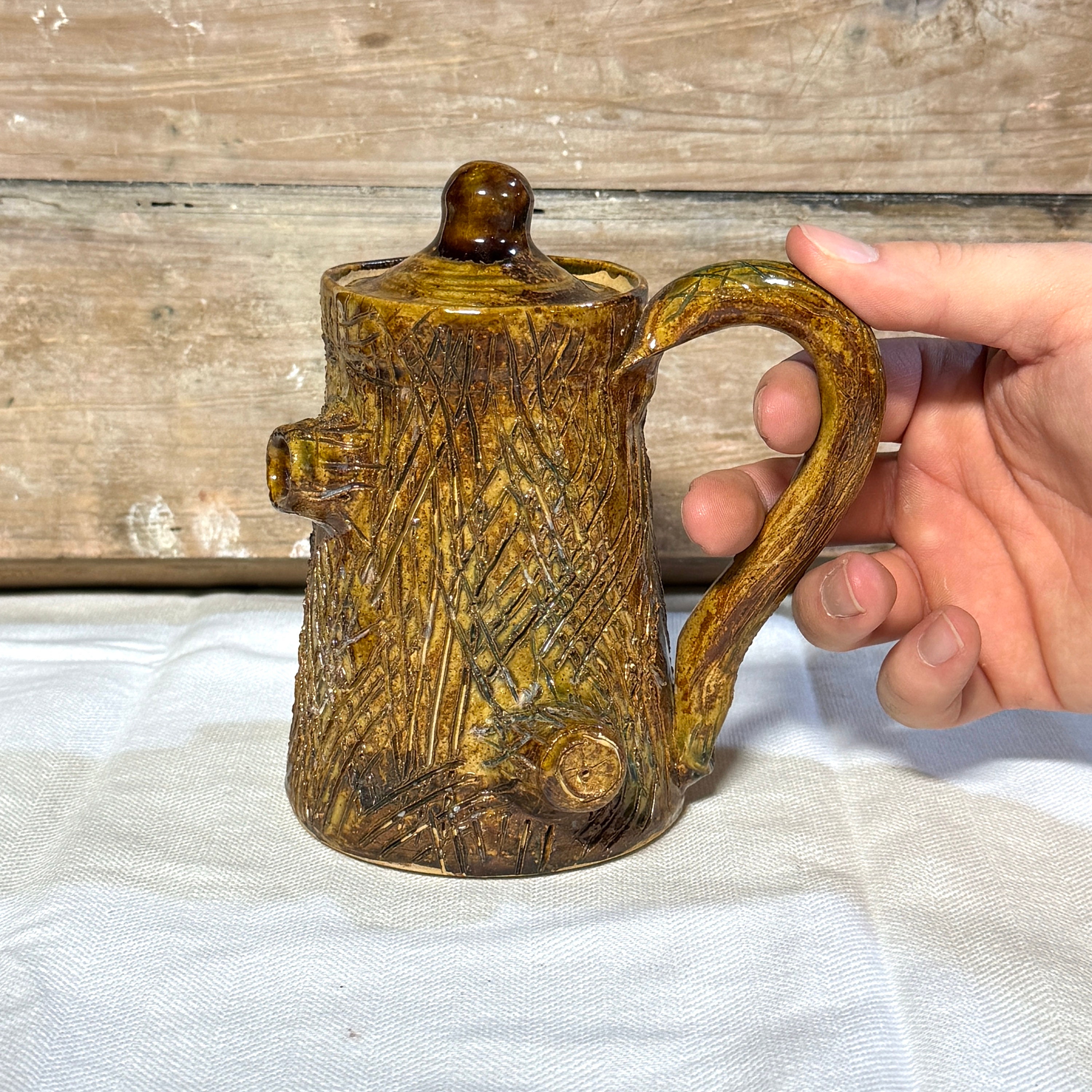 Rustic Tree Bark Pottery Container With Lid | Handcrafted Kitchen ...