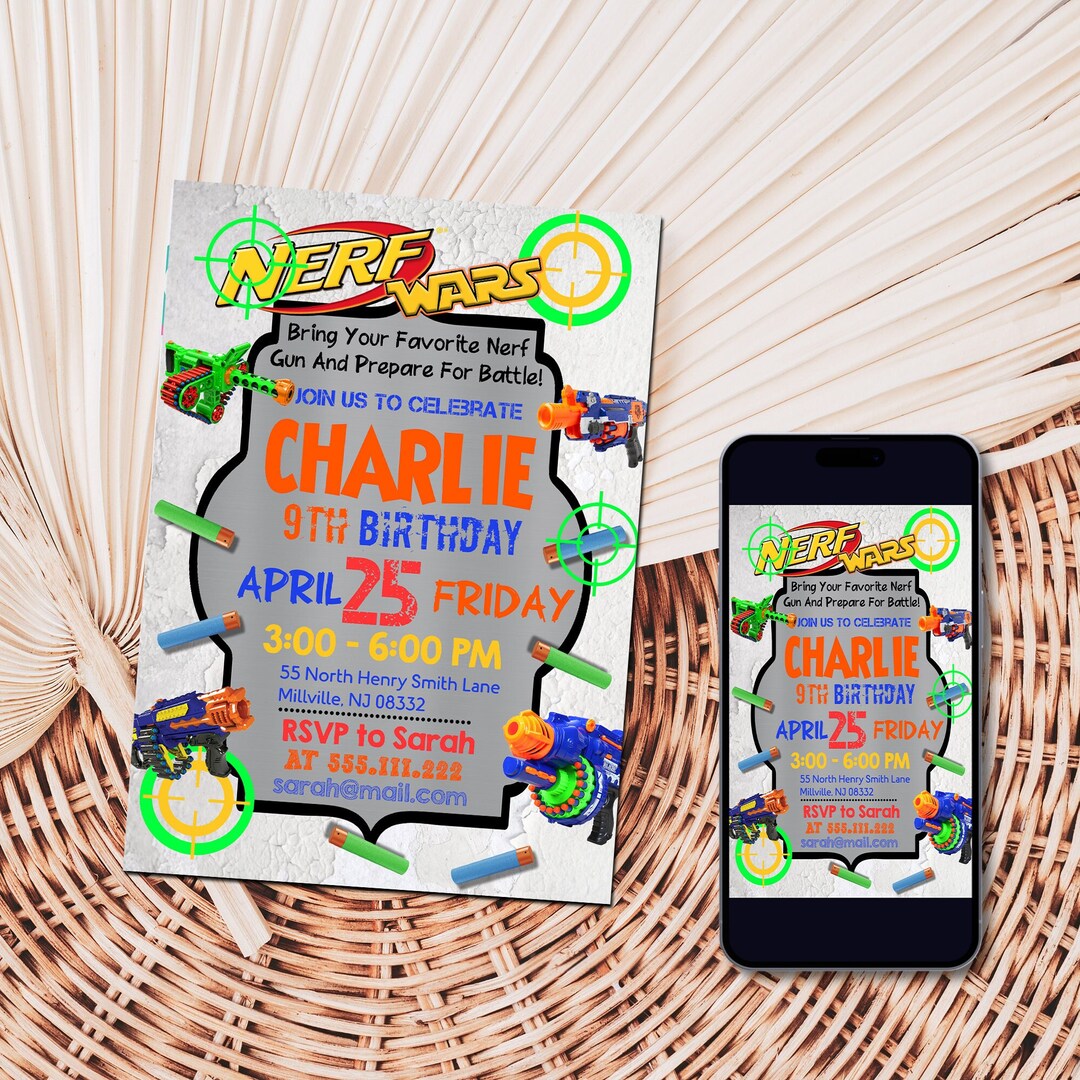 Editable Birthday Party Invitation | Dart Birthday Invite, Nerf ...
