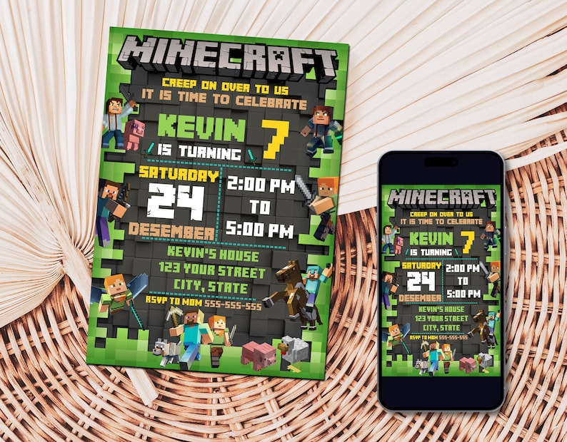 Editable Minecraft Birthday Invitation Mine Invite Template Minecrafter ...