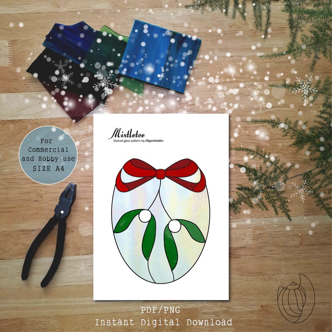 Mistletoe Christmas Stained Glass Pattern (PDF/PNG Digital Download, A4 ...