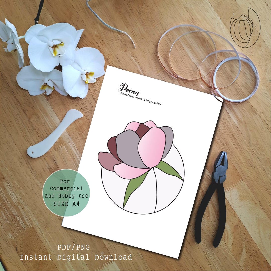 Peony Stained Glass Pattern, A4, Stained Glass Patterns, Digital ...