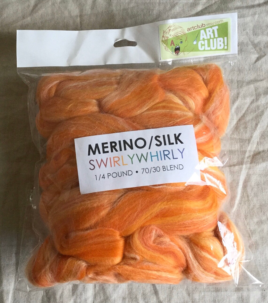 4 Oz Merino Wool/silk (70/30) Swirlywhirly Combed Top Leo Orange Yellow ...