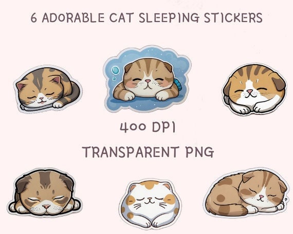 6PCS Adorable Sleeping Cat Stickers: Digital Pack for Cat Lovers - Etsy