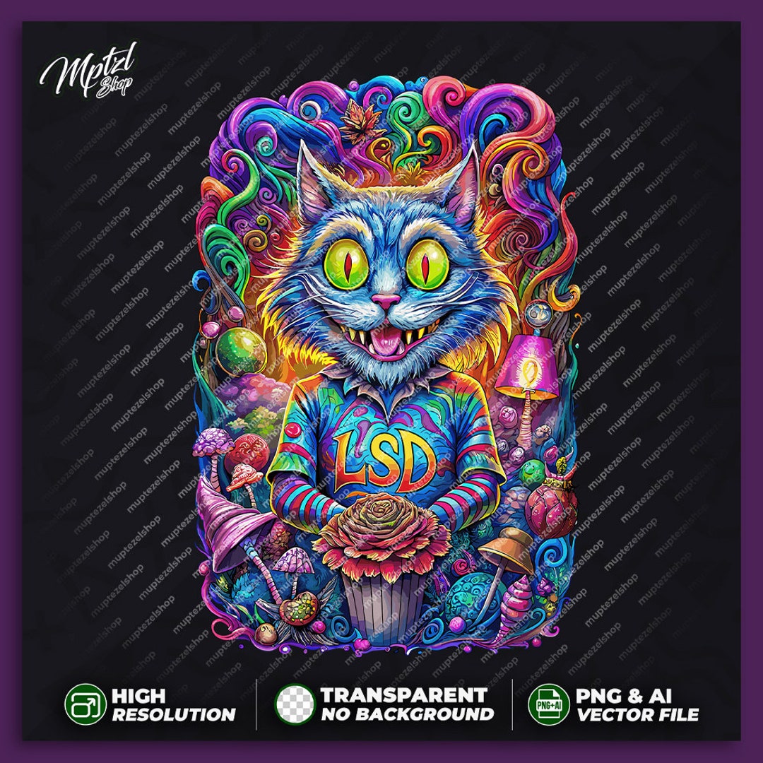 Crazy Cat LSD Psychedelic T-shirt Design for Printing, Sticker, High ...
