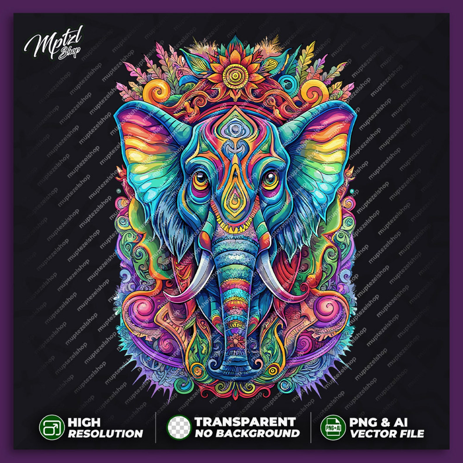 Colorful Elephant Psychedelic T-shirt Design for Printing, Sticker ...