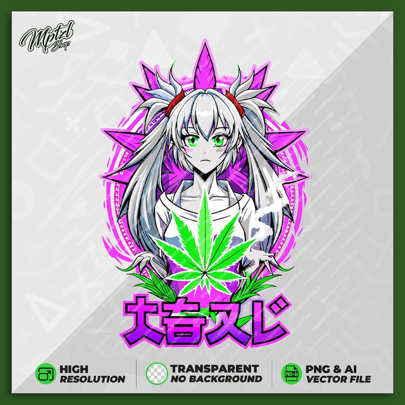 Purple Anime Girl Weed T-shirt Design for Printing, Sticker, High ...