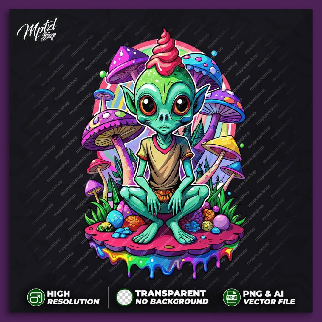 Crazy Colorful Alien Mushroom Psychedelic T-shirt Design for Printing ...
