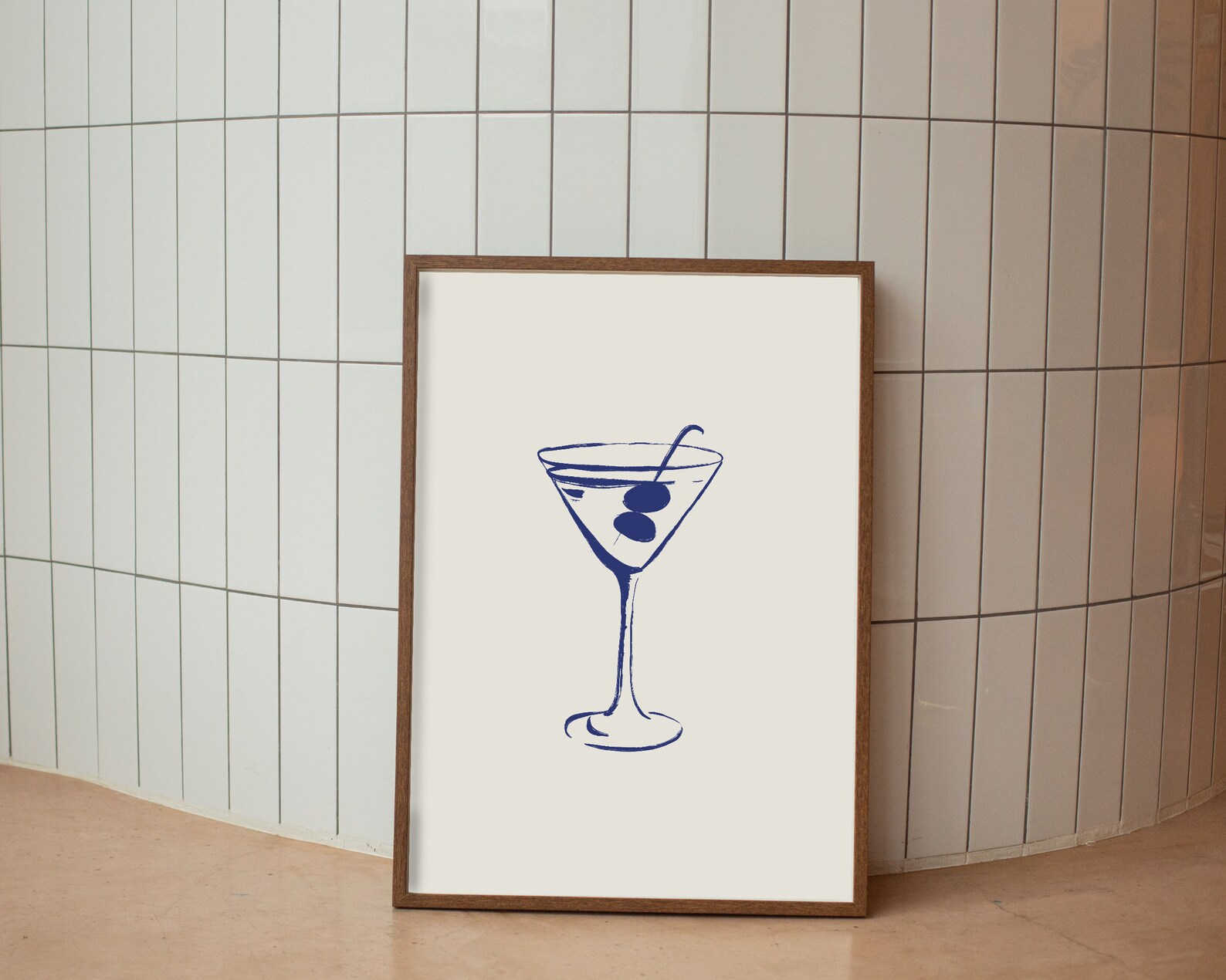 Martini Glass Poster, Printable Poster, Blue on Beige Background ...