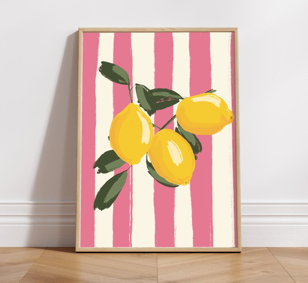 Lemons on Pink Stripes Poster, Printable Poster, Digital Download, Wall ...