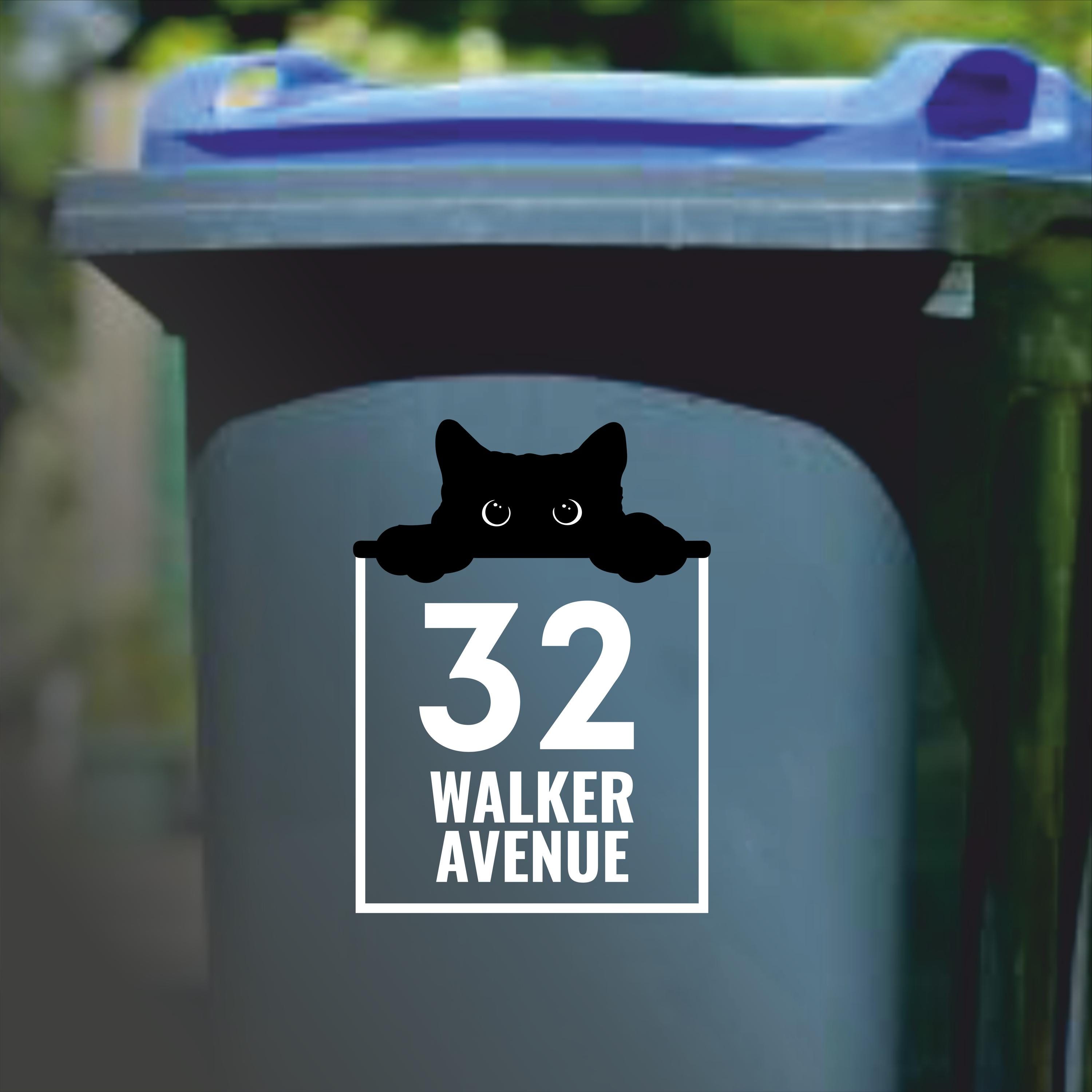 Custom Wheelie Bin Sticker | Lurking Cat Design, House Number Vinyl ...