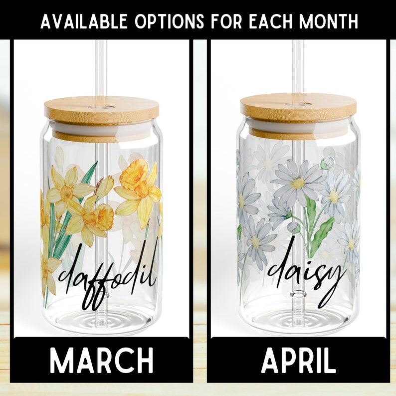 Birth Month Flower Glass Cup - 16 Oz. Tempered Glass With Bamboo Lid ...