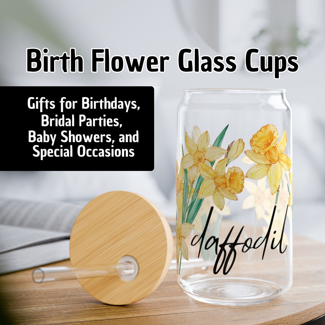 Birth Month Flower Glass Cup - 16 Oz. Tempered Glass With Bamboo Lid ...