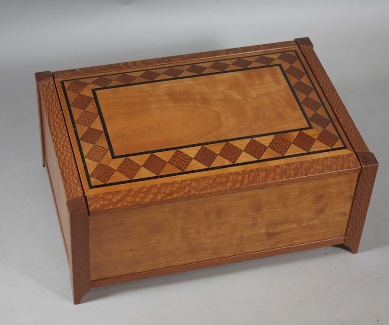 Cherry and Leopardwood Square Inlay Banding Jewelry Box, 8.5"x13"x 6 ...